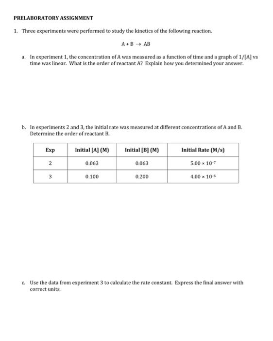 Solved PRELABORATORY ASSIGNMENT 1. Three experiments were | Chegg.com