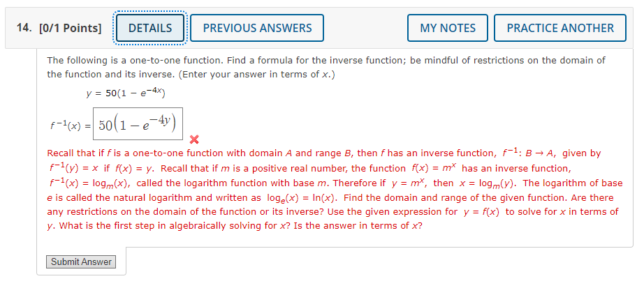 Solved The following is a one-to-one function. Find a | Chegg.com