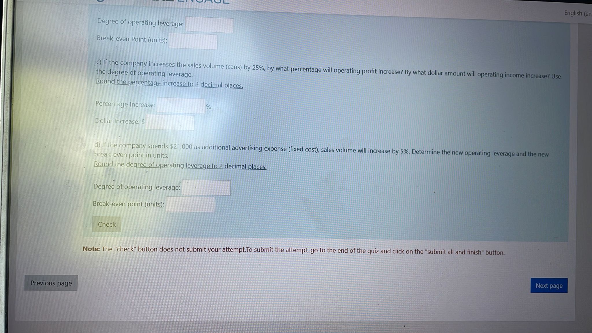 Solved Degree of operating leverage: Break-even Point | Chegg.com