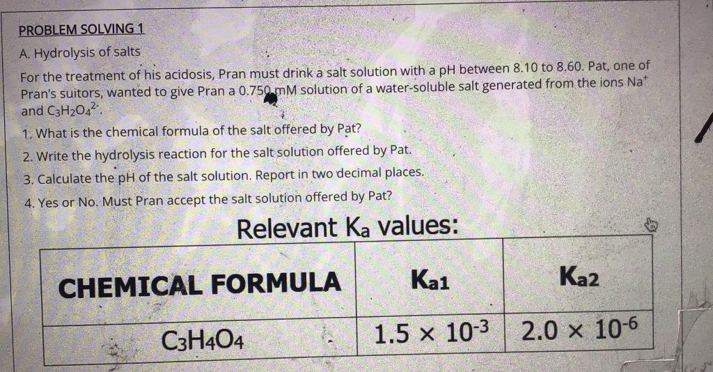 Solved PROBLEM SOLVING 1 A. Hydrolysis of salts For the | Chegg.com