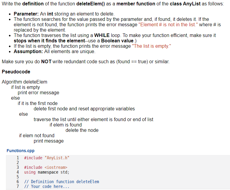 Solved Write the definition of the function deleteElem() as | Chegg.com