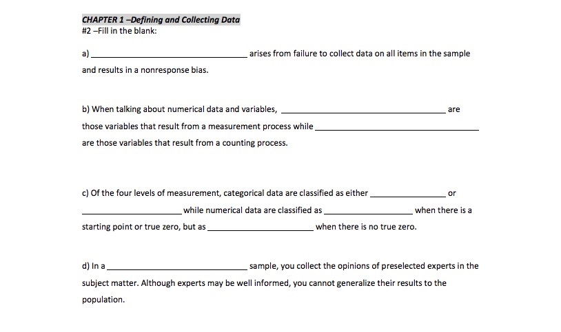 Solved CHAPTER 1-Defining and Collecting Data #2-Fill in the | Chegg.com