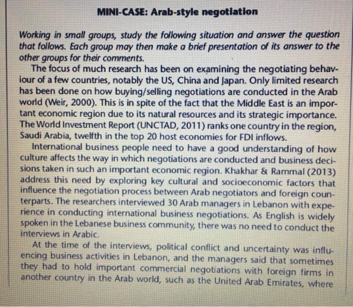 Solved MINI-CASE: Arab-style negotiation Working in small | Chegg.com