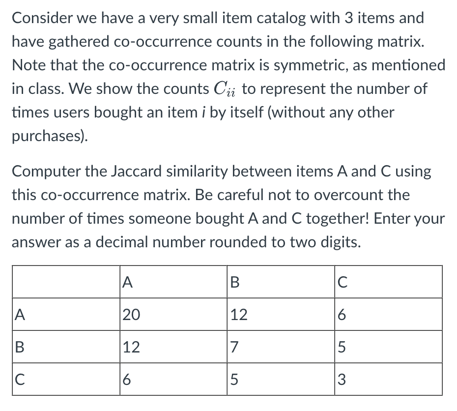 Solved Consider we have a very small item catalog with 3 | Chegg.com