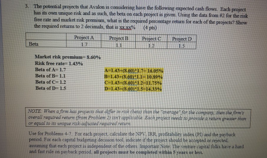 Solved 3. The potential projects that Avalon is considering | Chegg.com