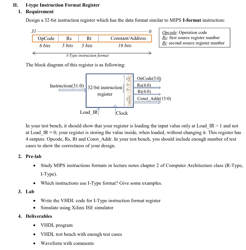 Solved II. I-type Instruction Format Register 1. Requirement | Chegg.com