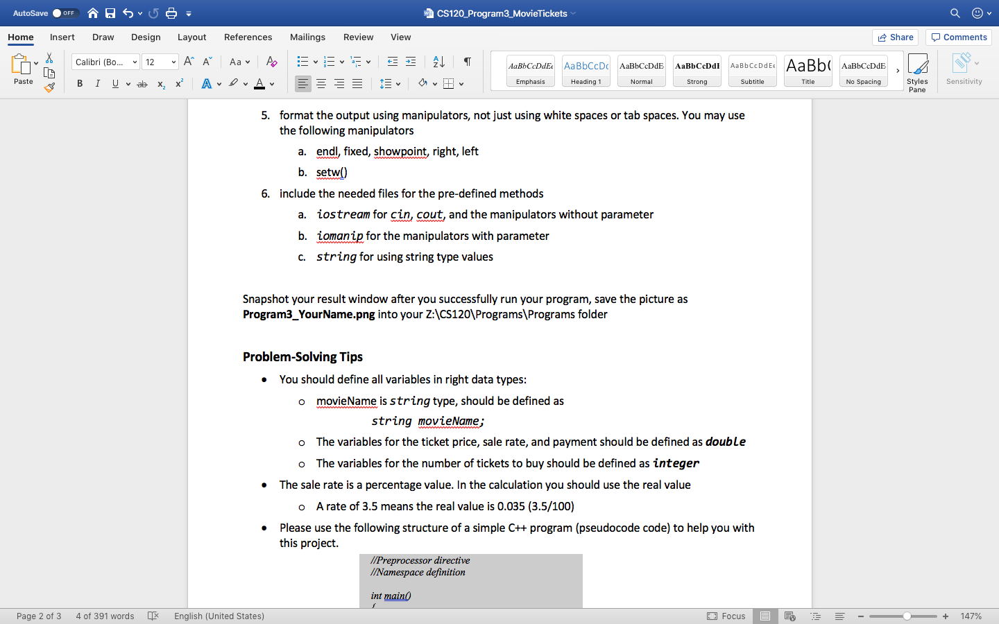 Solved AutoSave OFF A sro - W CS120_Program3_Movie Tickets | Chegg.com