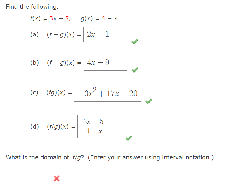 Solved Find the following. f(x)=3x−5,g(x)=4−x (a) (f+g)(x)= | Chegg.com