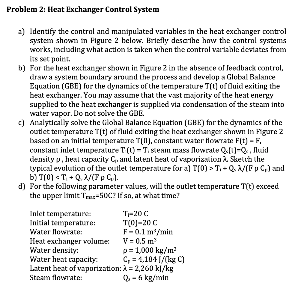 Solved Problem 2: Heat Exchanger Control System a) Identify | Chegg.com