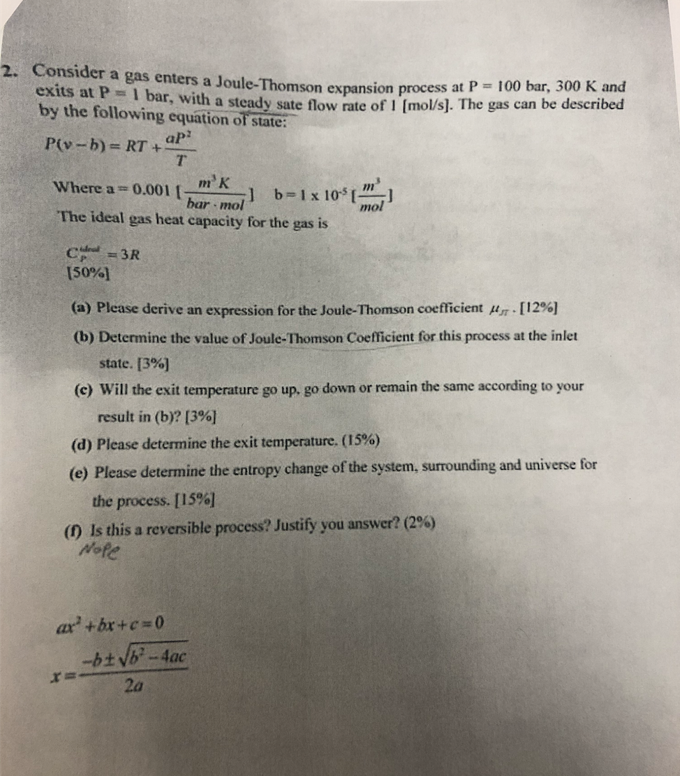 Consider a gas enters a Joule-Thomson expansion p | Chegg.com
