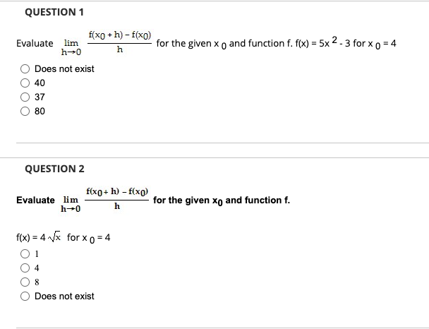 Solved Evaluate limh→0hf(x0+h)−f(x0) for the given x0 and | Chegg.com
