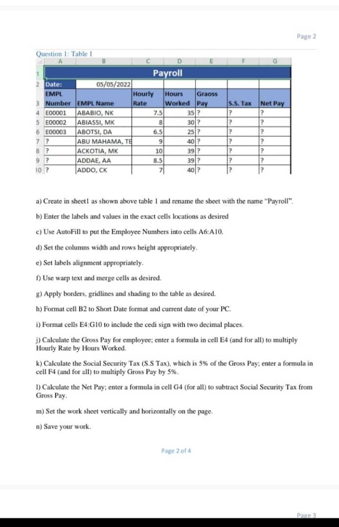 Solved a) Create in sheetl as shown above table 1 and rename | Chegg.com