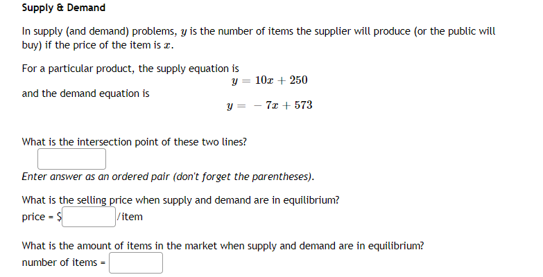 Solved Supply & Demand In supply (and demand) problems, y is | Chegg.com