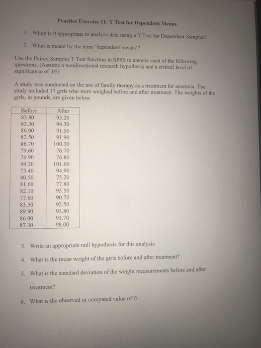 Solved Practice Exercise 11: T Test for Dependent Means t. | Chegg.com Solved Practice Exercise 11: T Test for Dependent Means t. | Chegg.com