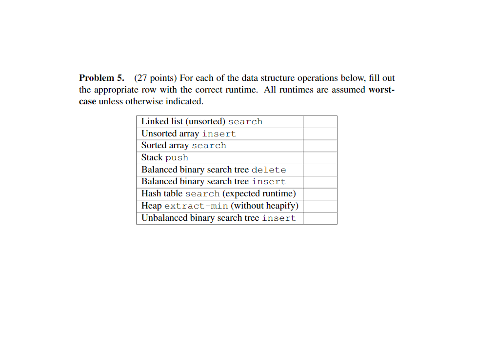 Solved Problem 5. (27 points) For each of the data structure | Chegg.com