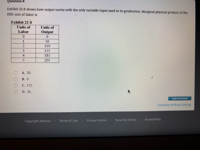 Solved Question 8 Exhibit 22-8 shows how output varies with | Chegg.com Solved Question 8 Exhibit 22-8 shows how output varies with | Chegg.com