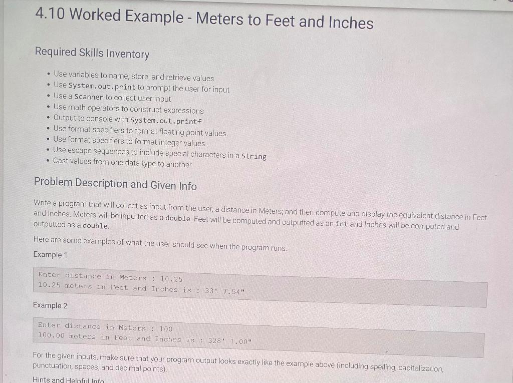 Solved 4.10 Worked Example - Meters to Feet and Inches | Chegg.com