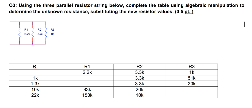 Solved Q3: Using the three parallel resistor string below, | Chegg.com