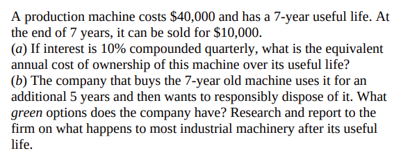 Solved A production machine costs $40,000 and has a 7-year | Chegg.com