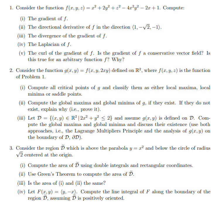 Solved 1. Consider the function f(x, y, z) = 22 + 2y2 + x2 – | Chegg.com