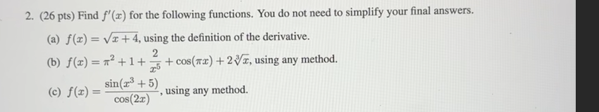 Solved (26 ﻿pts) ﻿Find f'(x) ﻿for the following functions. | Chegg.com