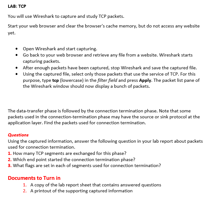 Solved LAB: TCP You will use Wireshark to capture and study | Chegg.com