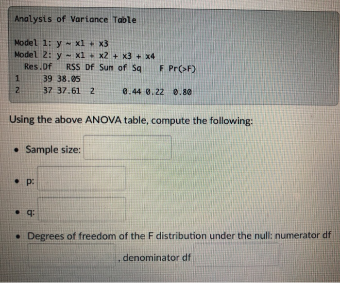 Solved Analysis of Variance Table Model 1: y ~ x1 + x3 Model | Chegg.com
