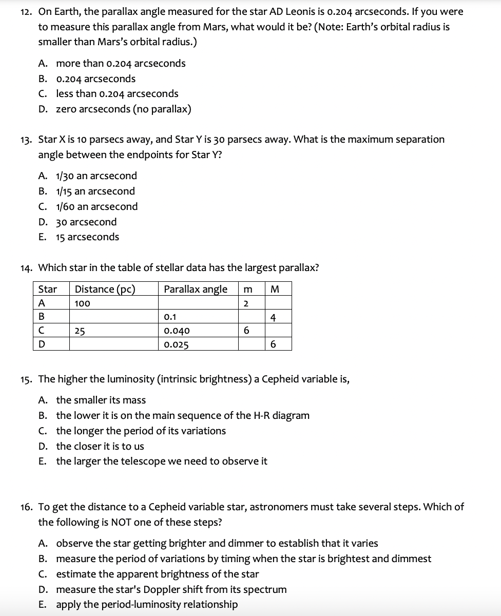 Solved 12. On Earth, the parallax angle measured for the | Chegg.com