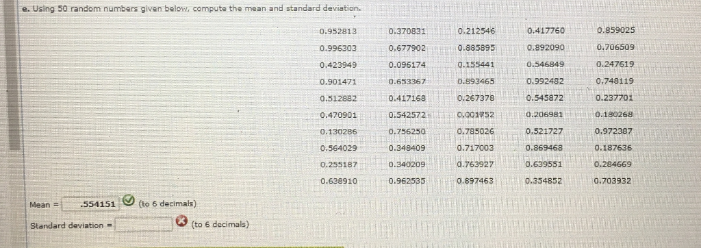 Solved e. Using 50 random numbers given below, compute the | Chegg.com