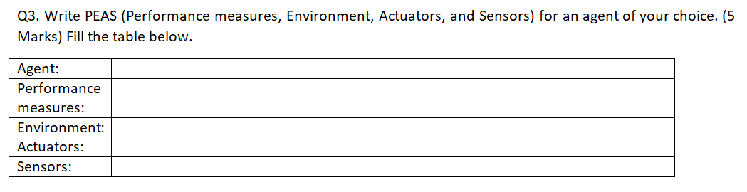 Solved Q3. Write PEAS (Performance measures, Environment, | Chegg.com