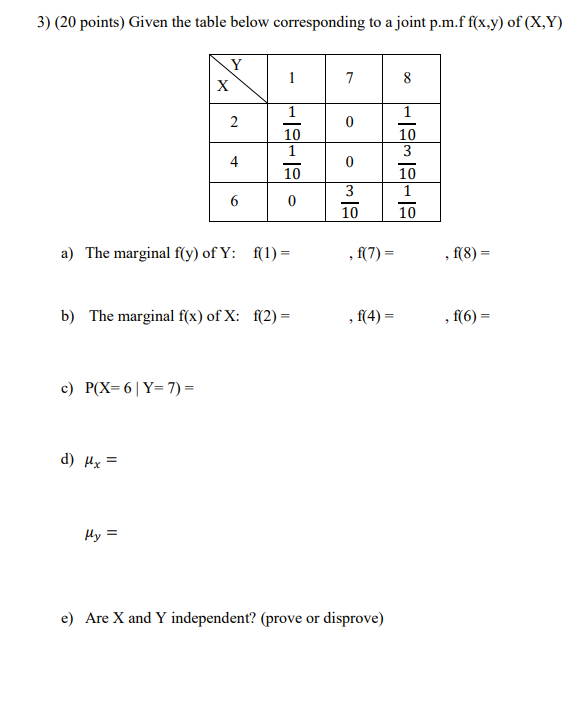 Solved 3) (20 points) Given the table below corresponding to | Chegg.com
