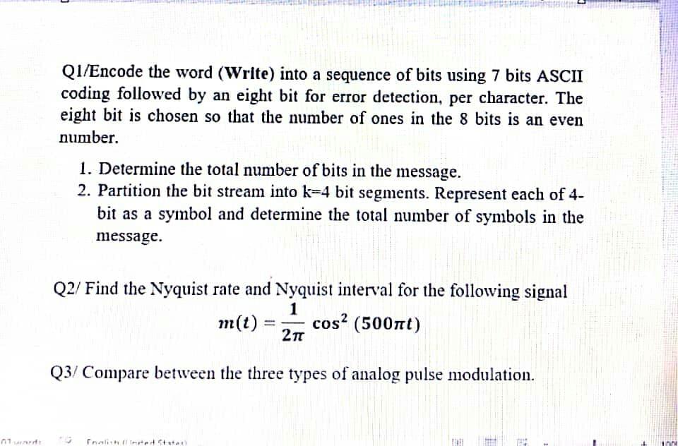 Solved Q1/Encode the word (Write) into a sequence of bits | Chegg.com