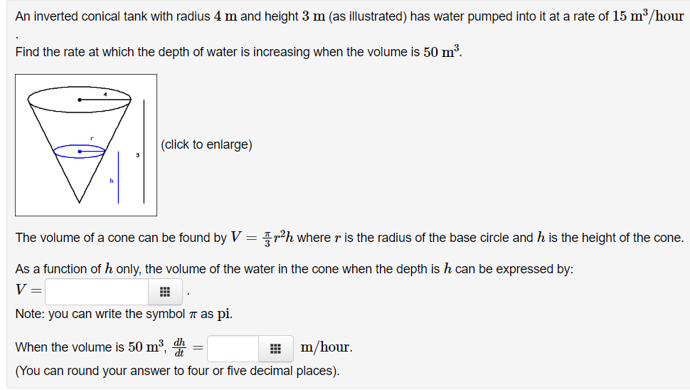 Solved An inverted conical tank with radius 4 m and height 3 | Chegg.com