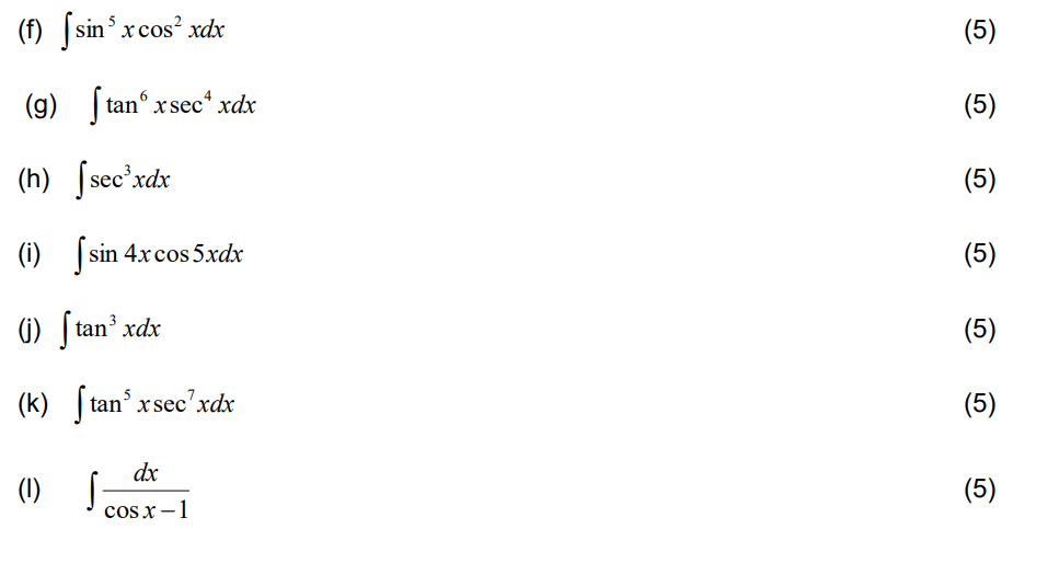 Solved (f) \\( \\int \\sin ^{5} x \\cos ^{2} x d x \\) (g) | Chegg.com