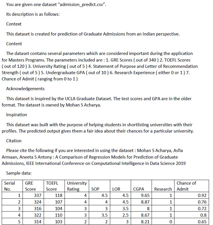 You are given one dataset "admission_predict.csv". | Chegg.com