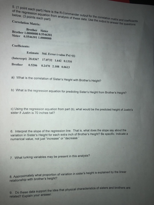 Solved 5. (1 point each part) Here is the R-Commander output | Chegg.com