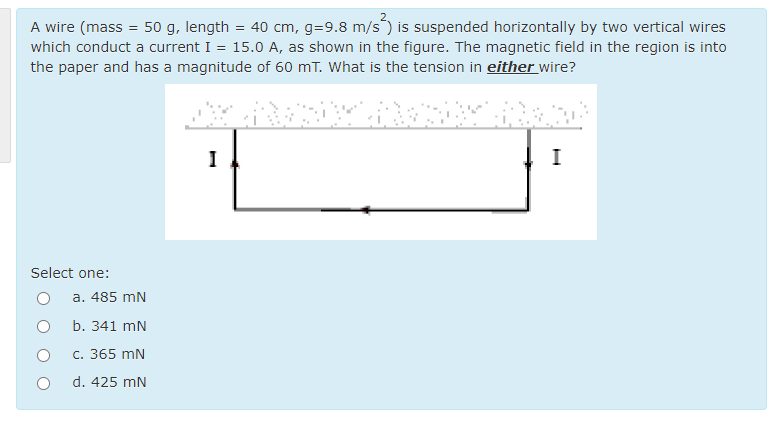 Solved A wire (mass = 50 g, length = 40 cm, g=9.8 m/s) is | Chegg.com