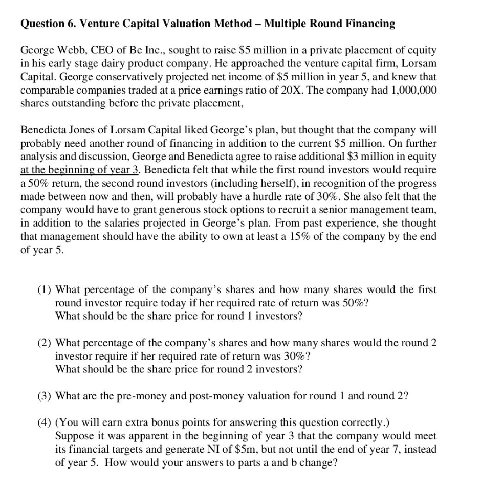 Question 6. Venture Capital Valuation Method - | Chegg.com