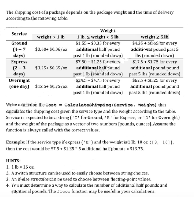 Solved The shipping cost of a package depends on the package | Chegg.com