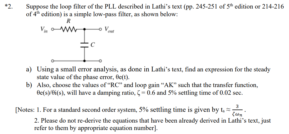Solved *2. Suppose the loop filter of the PLL described in | Chegg.com