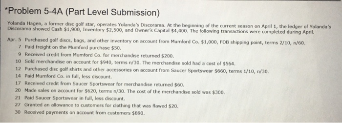 Solved Problem 5-4A (Part Level Submission) Yolanda Hagen, a | Chegg.com