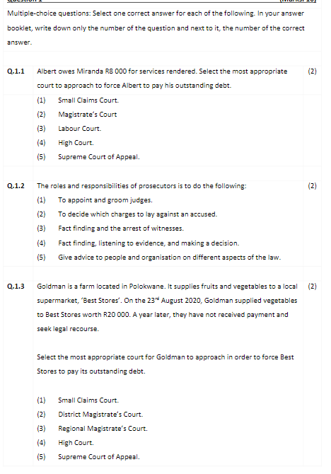 Solved Multiple-choice questions: Select one correct answer | Chegg.com