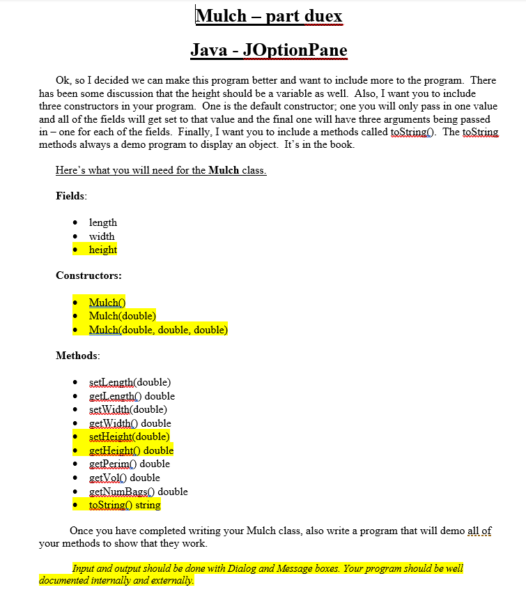 Solved Mulch – part duex Java - JOptionPane Ok, so I decided | Chegg.com