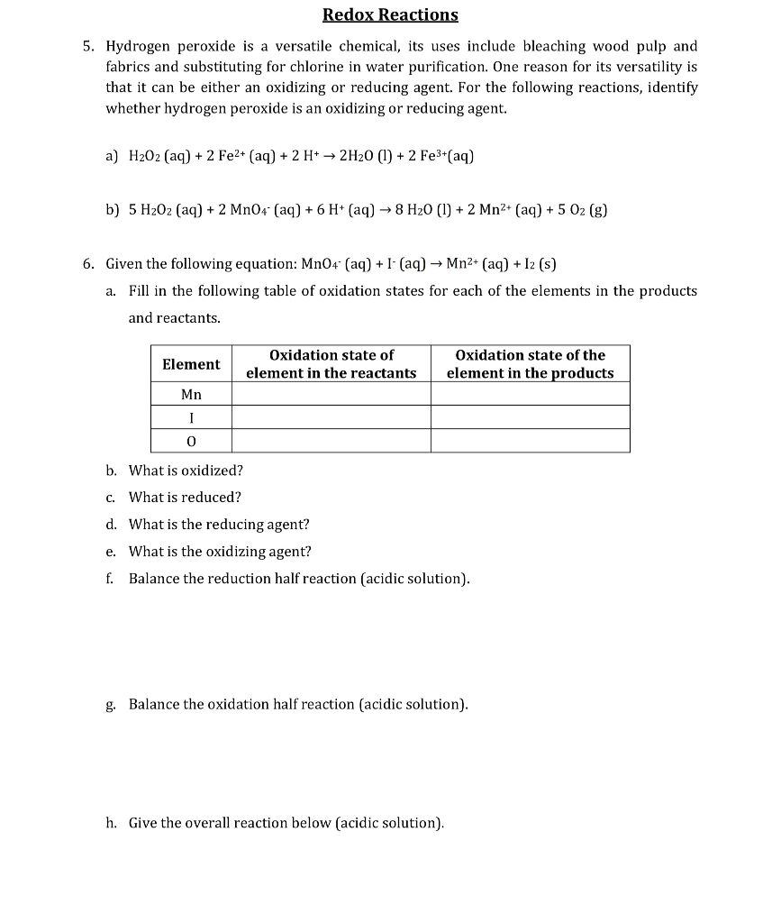 Solved Redox Reactions 5. Hydrogen peroxide is a versatile | Chegg.com