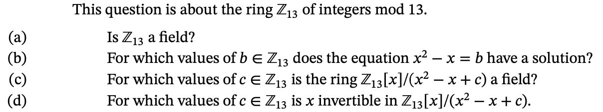 Solved This question is about the ring Z13 of integers mod | Chegg.com