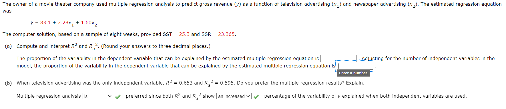 Solved was y^=83.1+2.28x1+1.60x2. The computer solution, | Chegg.com