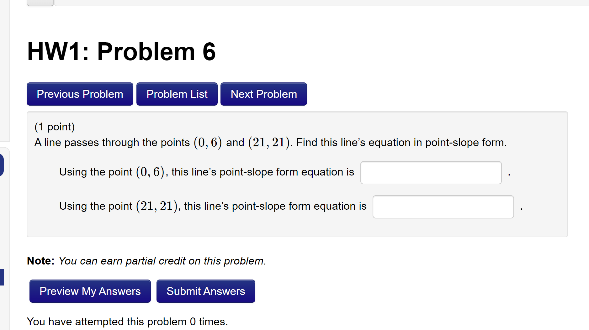 Solved (1 point) A line passes through the points (0,6) and | Chegg.com