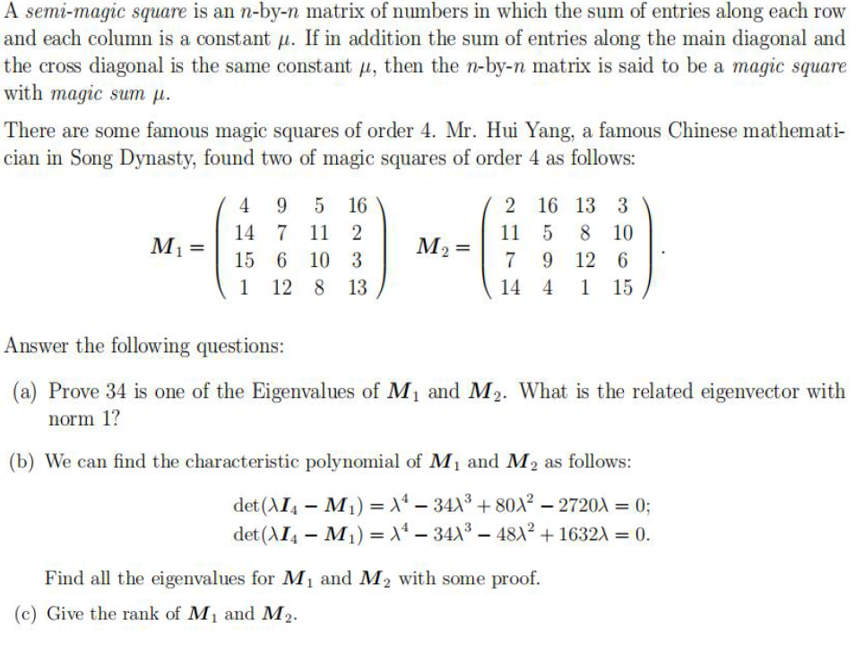Solved A semi-magic square is an n-by-n matrix of numbers in | Chegg.com