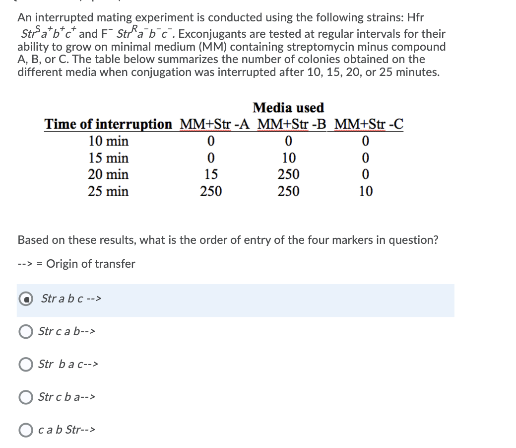 Solved An interrupted mating experiment is conducted using | Chegg.com