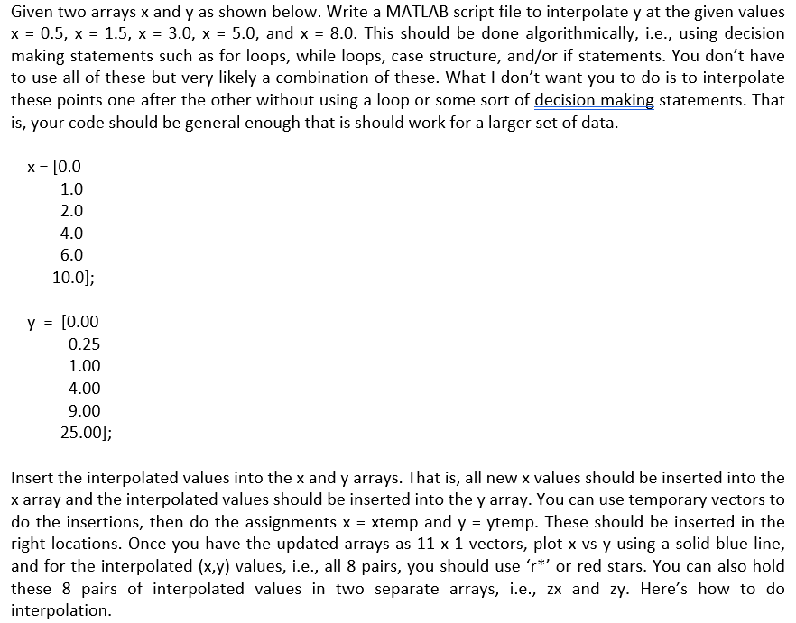 Given two arrays x and y as shown below. Write a | Chegg.com